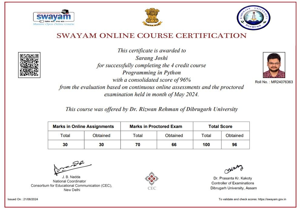 Sarang Joshi on LinkedIn: #python #programming #proctoredexam #nptel # ... Sarang Joshi on LinkedIn: #python #programming #proctoredexam #nptel # ...