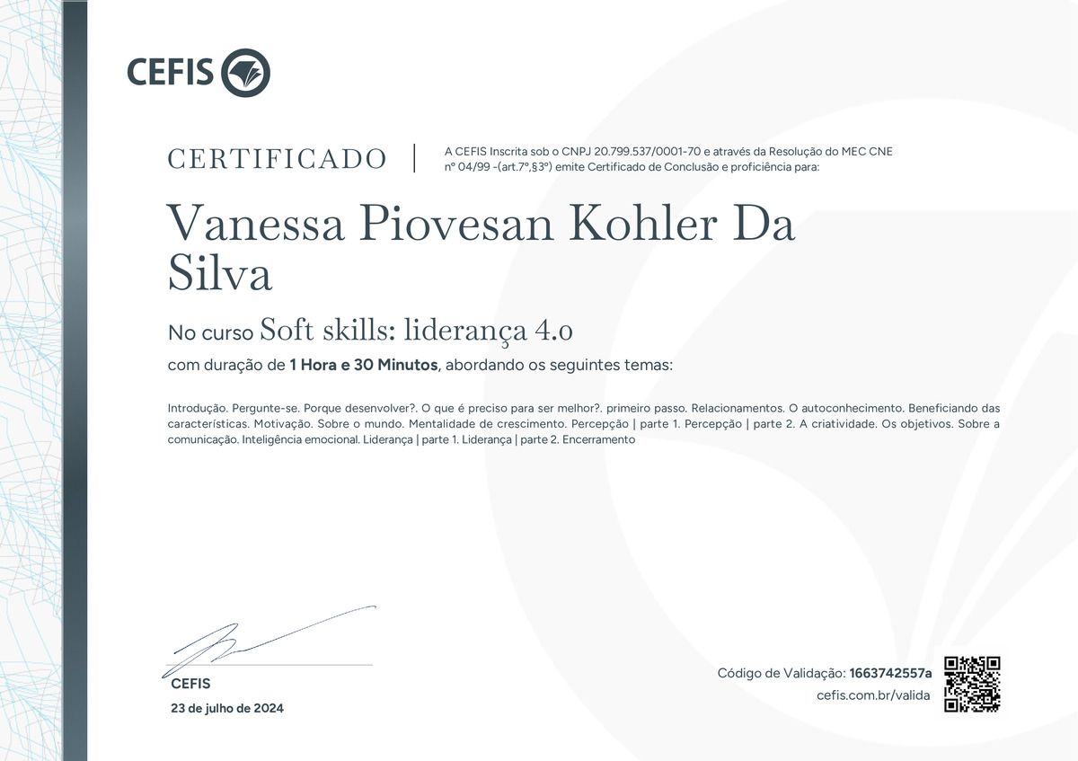 Vanessa Piovesan no LinkedIn: Conquistei mais um certificado na CEFIS ... Vanessa Piovesan no LinkedIn: Conquistei mais um certificado na CEFIS ...