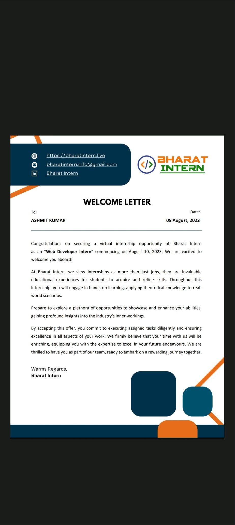 Ashmit Kumar on LinkedIn: #bharatintern Ashmit Kumar on LinkedIn: #bharatintern