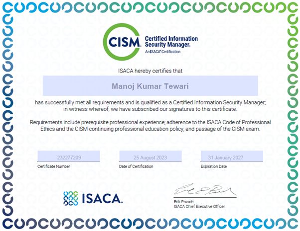 Manoj Tewari on LinkedIn: Happy To Share.. CISM Certificate | 15 comments Manoj Tewari on LinkedIn: Happy To Share.. CISM Certificate | 15 comments