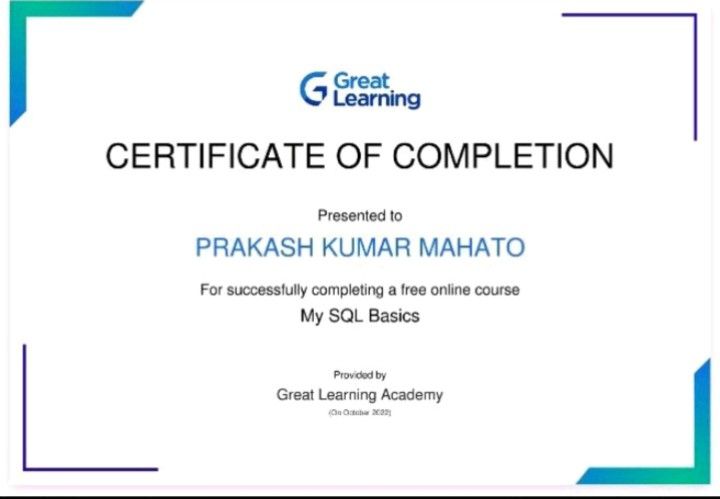 Prakash Kumar Mahato on LinkedIn: #sqldatabase #certificateofcompletion Prakash Kumar Mahato on LinkedIn: #sqldatabase #certificateofcompletion