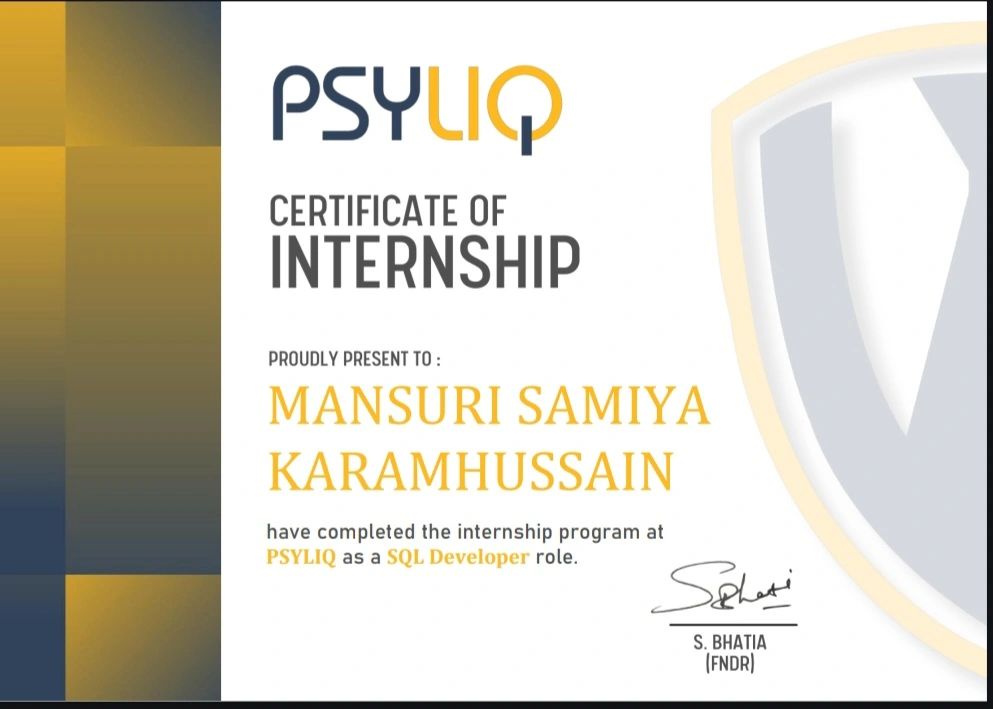 Samiya Mansuri on LinkedIn: #sqldeveloper #internship #dataanalysis #psyliq Samiya Mansuri on LinkedIn: #sqldeveloper #internship #dataanalysis #psyliq