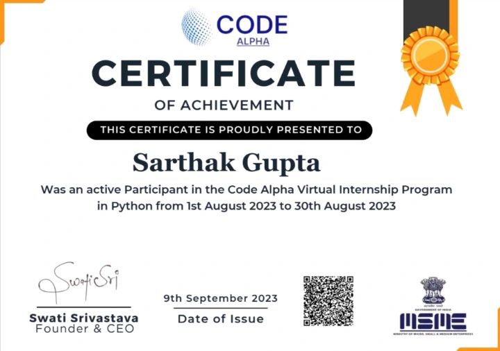 Sarthak Gupta on LinkedIn: #codealpha #pythonprogramming Sarthak Gupta on LinkedIn: #codealpha #pythonprogramming