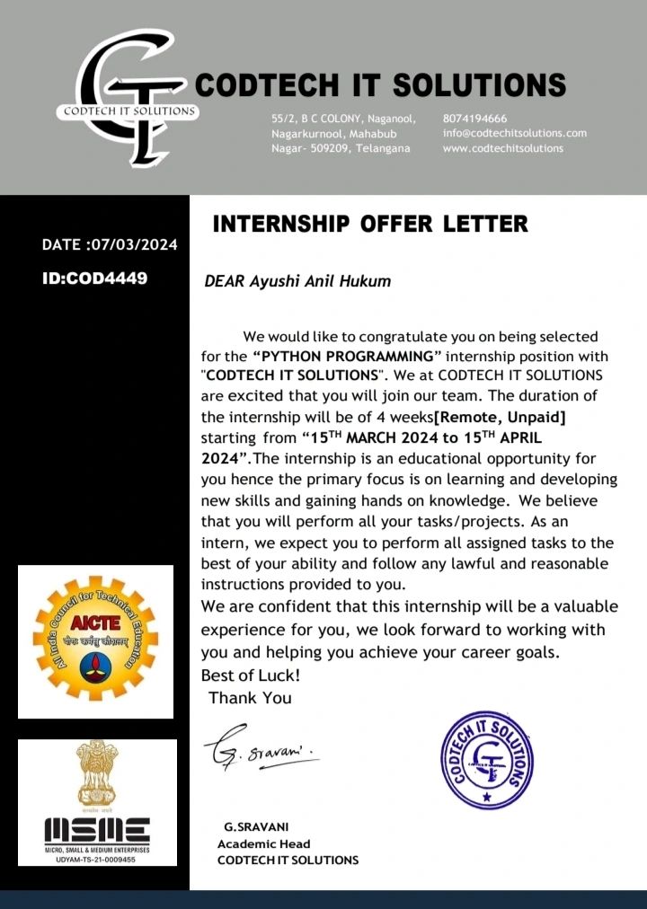 Ayushi Hukum on LinkedIn: #python #programming #internship #codtech # ... Ayushi Hukum on LinkedIn: #python #programming #internship #codtech # ...