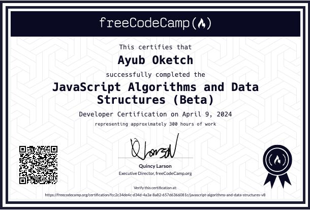 Ayub Oketch on LinkedIn: I just earned the JavaScript Algorithms and ... Ayub Oketch on LinkedIn: I just earned the JavaScript Algorithms and ...