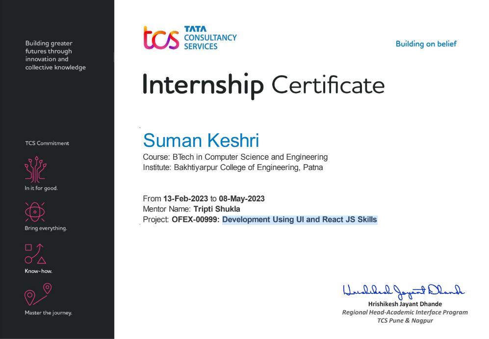 Suman Keshri on LinkedIn: #tataconsultancyservices #reactjs #internship ... Suman Keshri on LinkedIn: #tataconsultancyservices #reactjs #internship ...