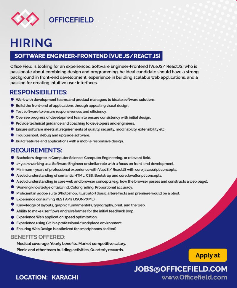 Office Field on LinkedIn: #frontend #engineers #vuejs #reactjs #karachijobs Office Field on LinkedIn: #frontend #engineers #vuejs #reactjs #karachijobs