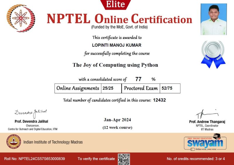 Completed NPTEL course in Python | Manoj Kumar posted on the topic ... Completed NPTEL course in Python | Manoj Kumar posted on the topic ...