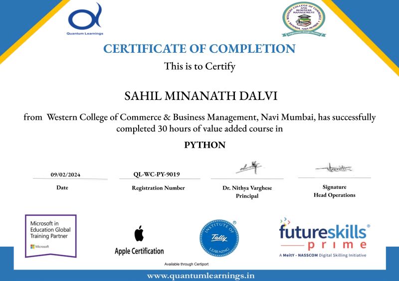 Earned Python certification! | Sahil Dalvi posted on the topic | LinkedIn Earned Python certification! | Sahil Dalvi posted on the topic | LinkedIn