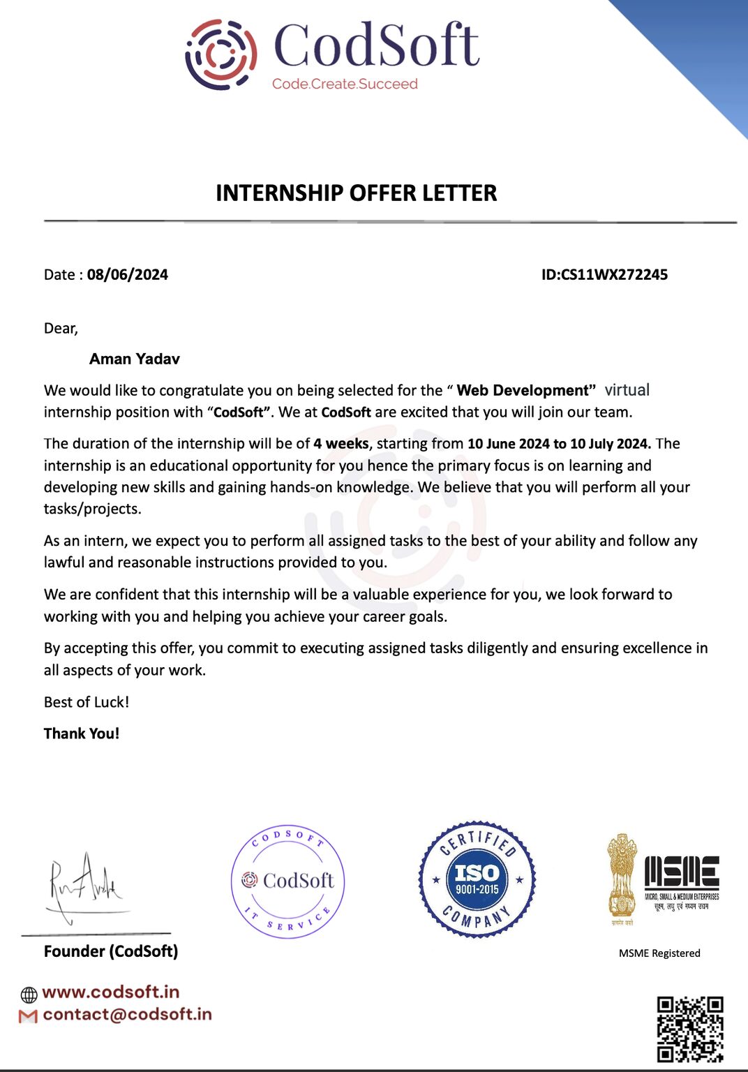 Aman Yadav on LinkedIn: 🎉Hello Connections, I'm excited to share that I ... Aman Yadav on LinkedIn: 🎉Hello Connections, I'm excited to share that I ...