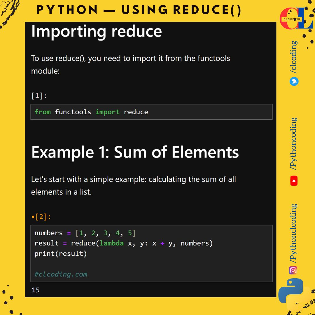 Python Coding on LinkedIn: Python — Using reduce() Example 1: Sum of ... Python Coding on LinkedIn: Python — Using reduce() Example 1: Sum of ...