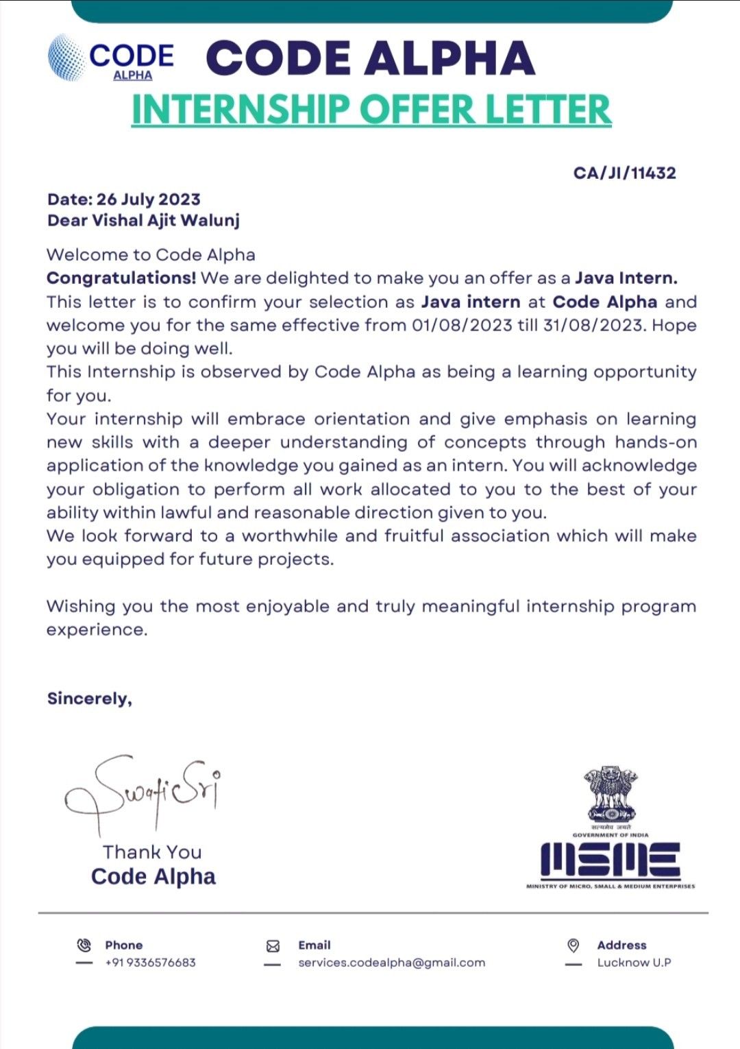 Vishal walunj on LinkedIn: i am selected in codealpha as a java intern ... Vishal walunj on LinkedIn: i am selected in codealpha as a java intern ...