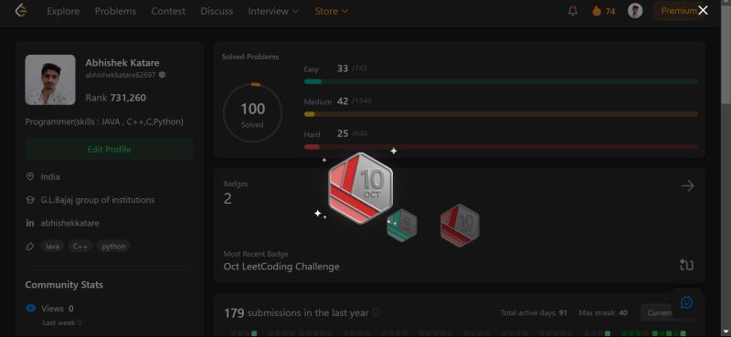 Earned October badge on LeetCode! | Abhishek Katare posted on the topic ... Earned October badge on LeetCode! | Abhishek Katare posted on the topic ...