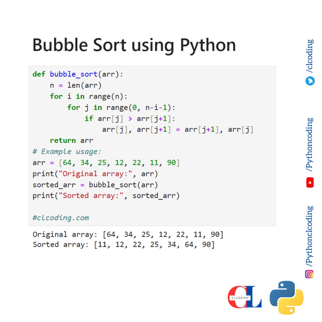 Python Coding on LinkedIn: Sorting Algorithms using Python 1. Bubble ... Python Coding on LinkedIn: Sorting Algorithms using Python 1. Bubble ...
