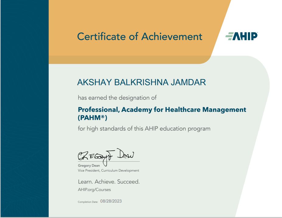 Akshay Jamdar on LinkedIn: Certified AHIP. 😊 Akshay Jamdar on LinkedIn: Certified AHIP. 😊