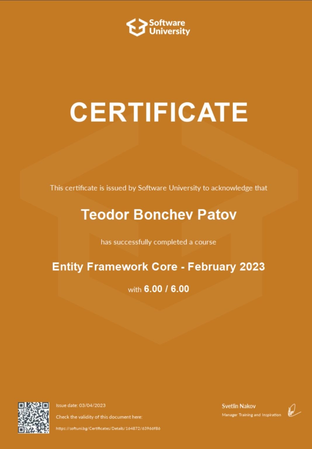 Теодор Патов on LinkedIn: Entity Framework Core SoftUni Certificate ... Теодор Патов on LinkedIn: Entity Framework Core SoftUni Certificate ...