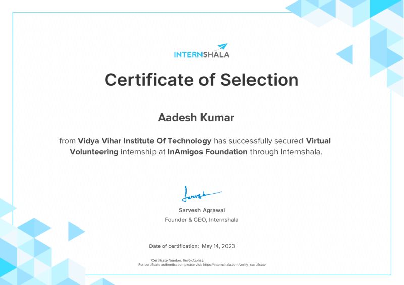 aadesh kumar on LinkedIn: my intership certificate inAmigos foundation aadesh kumar on LinkedIn: my intership certificate inAmigos foundation