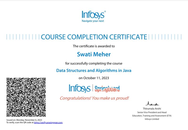 Completed Data Structures and Algorithms course with Infosys | Swati ... Completed Data Structures and Algorithms course with Infosys | Swati ...