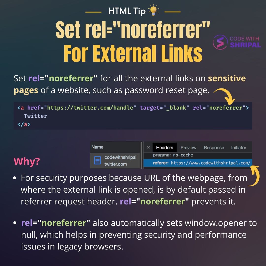 Shripal Soni on LinkedIn: HTML Tip 💡 For better security, always set ... Shripal Soni on LinkedIn: HTML Tip 💡 For better security, always set ...