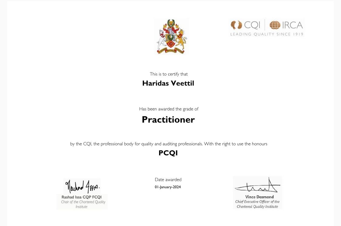 Haridas MBA, MSc Psych-Env, IRCA Principal Auditor CMIOSH, FIIRSM, PCQI ... Haridas MBA, MSc Psych-Env, IRCA Principal Auditor CMIOSH, FIIRSM, PCQI ...