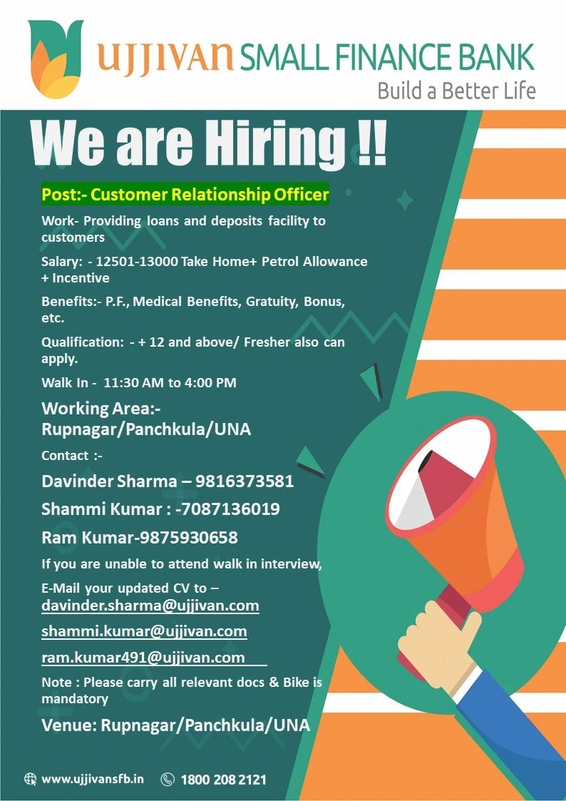 Suraj Kumar on LinkedIn: #hiring #ujjivan_sf_bank #panchkula #una #ropar Suraj Kumar on LinkedIn: #hiring #ujjivan_sf_bank #panchkula #una #ropar
