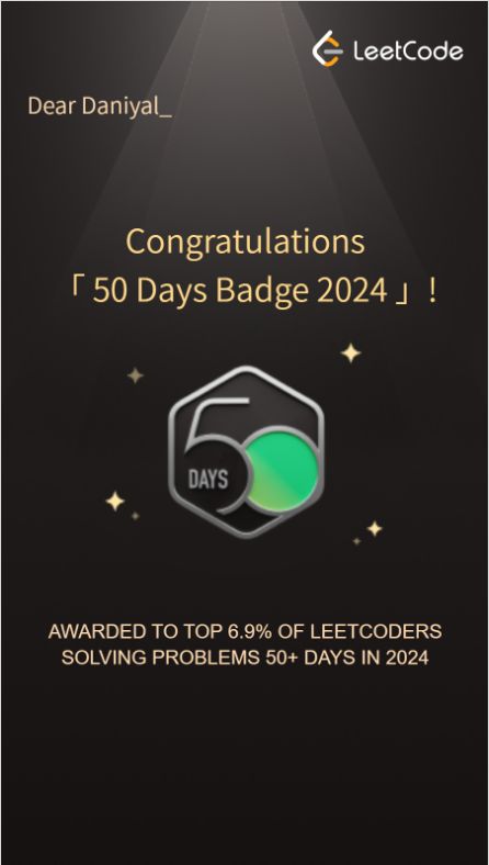 Mohd Daniyal Ashraf on LinkedIn: #50daysbadge2024 #leetcode #dsa #cp # ... Mohd Daniyal Ashraf on LinkedIn: #50daysbadge2024 #leetcode #dsa #cp # ...