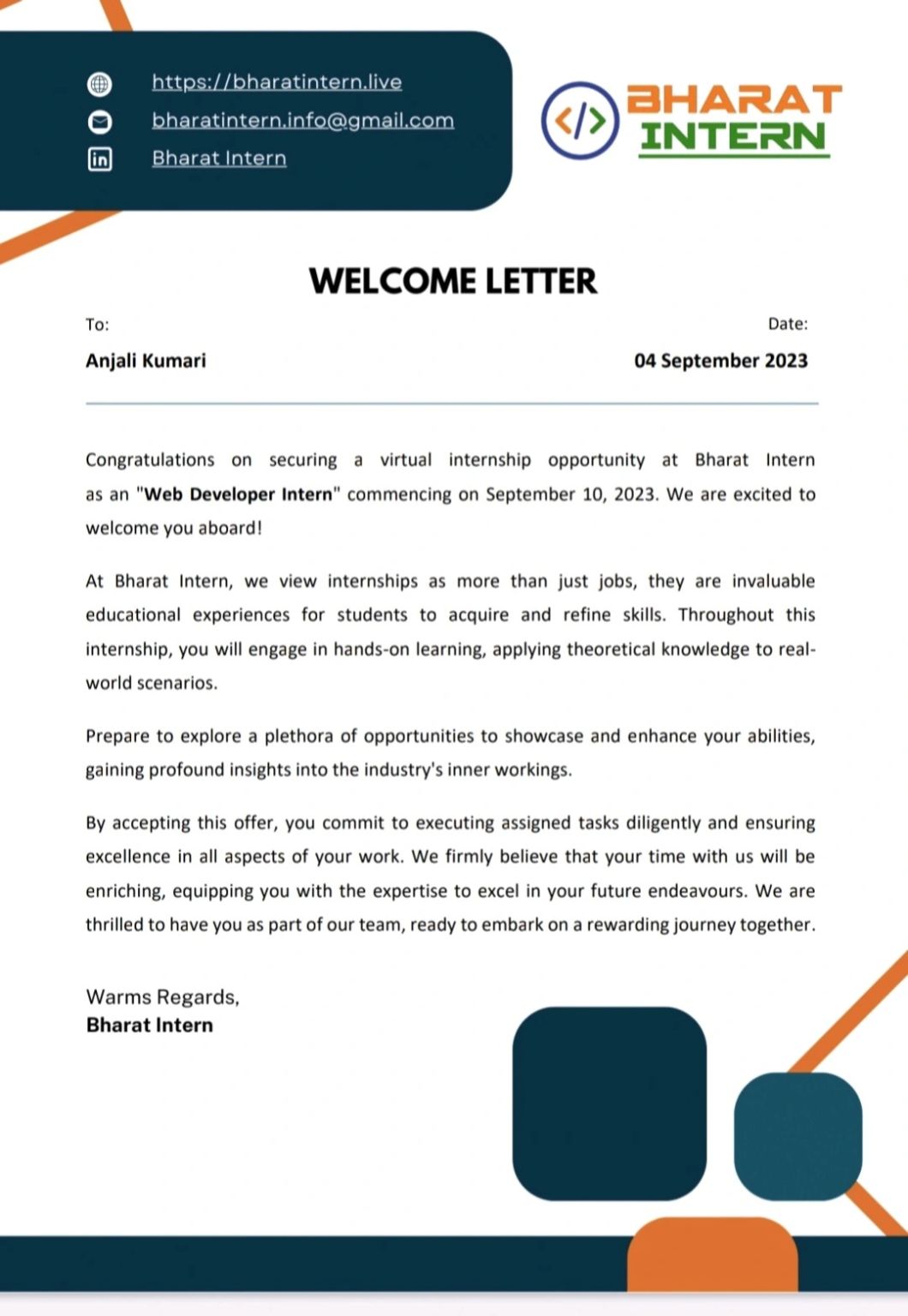 Anjali Kumari on LinkedIn: #connections #bharatintern # ... Anjali Kumari on LinkedIn: #connections #bharatintern # ...