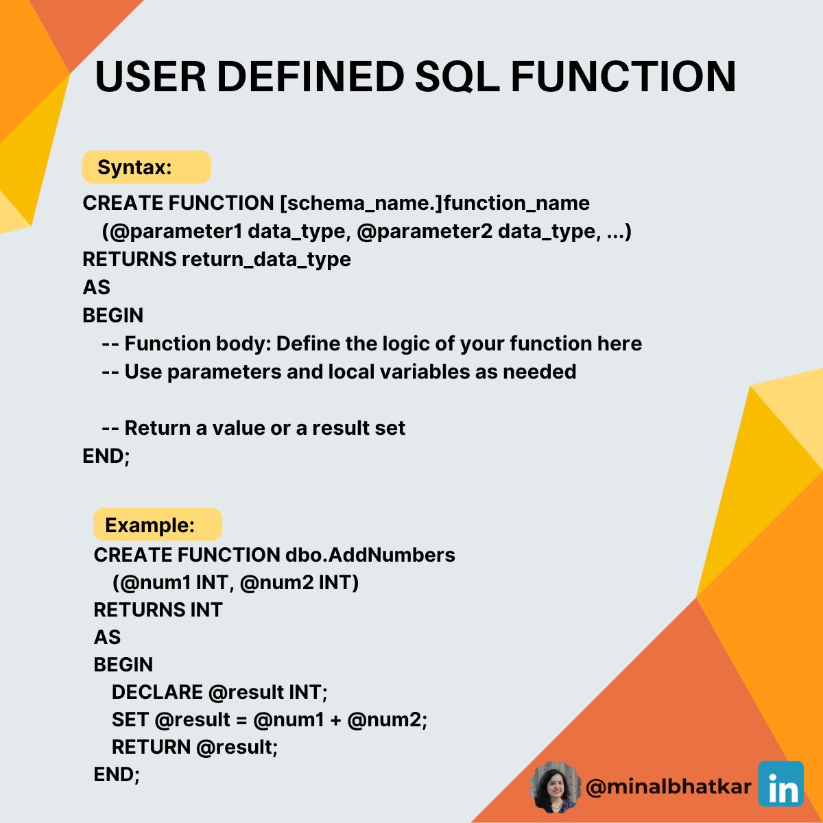 What are UDFs in SQL? | Minal Bhatkar posted on the topic | LinkedIn What are UDFs in SQL? | Minal Bhatkar posted on the topic | LinkedIn