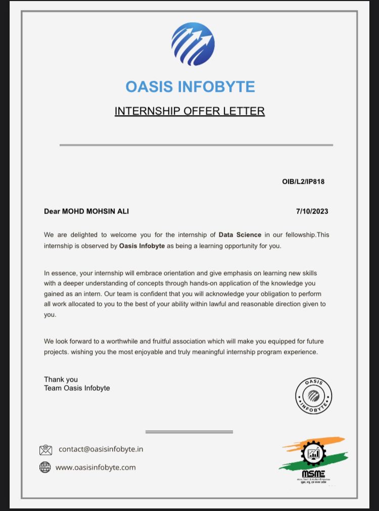 Mohd Mohsin on LinkedIn: #oasisinfobyte Mohd Mohsin on LinkedIn: #oasisinfobyte