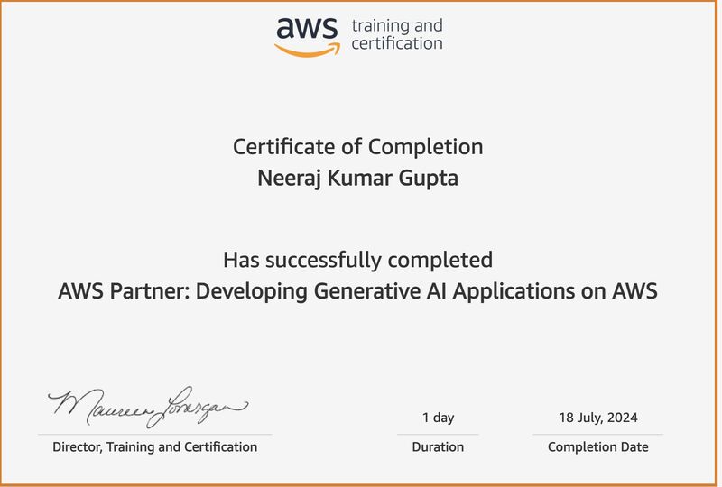 Neeraj Gupta on LinkedIn: Completed training on Generative AI with AWS Neeraj Gupta on LinkedIn: Completed training on Generative AI with AWS