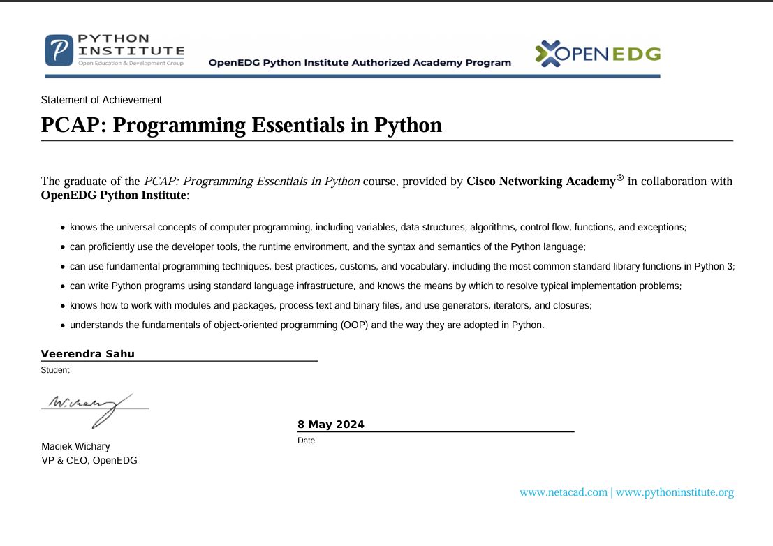 Earned Programming Essentials in Python | veerendra sahu posted on the ... Earned Programming Essentials in Python | veerendra sahu posted on the ...