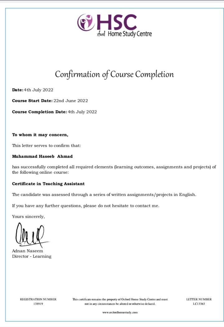Muhammad Haseeb Ahmad on LinkedIn: Certified Teaching Assistant with a ... Muhammad Haseeb Ahmad on LinkedIn: Certified Teaching Assistant with a ...
