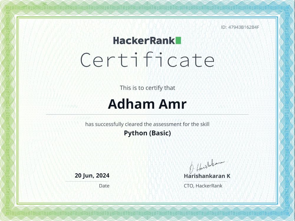 Adham Amr on LinkedIn: #python #hackerrank #certification # ... Adham Amr on LinkedIn: #python #hackerrank #certification # ...