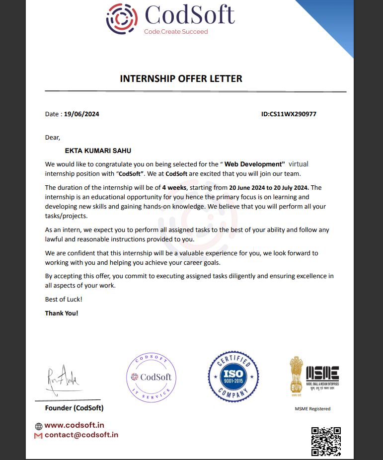 Ekta Kumari on LinkedIn: #codsoft #internship #webdevelopment Ekta Kumari on LinkedIn: #codsoft #internship #webdevelopment