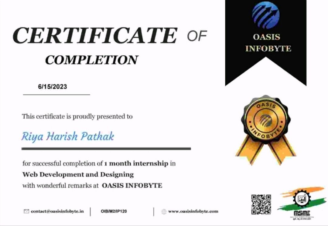 Riya Pathak on LinkedIn: #oasisinfobyte #internship #intern #webdev # ... Riya Pathak on LinkedIn: #oasisinfobyte #internship #intern #webdev # ...