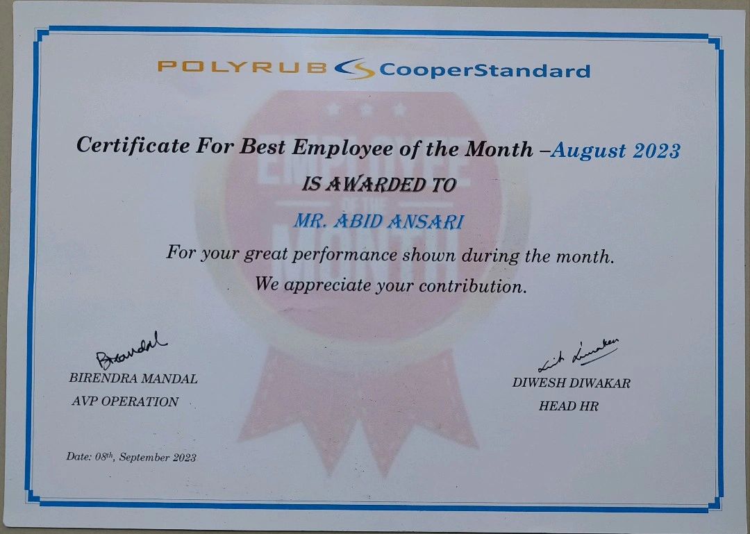 Md Abid Ansari on LinkedIn: Best Employee Certificate ( Polyrub Cooper ... Md Abid Ansari on LinkedIn: Best Employee Certificate ( Polyrub Cooper ...