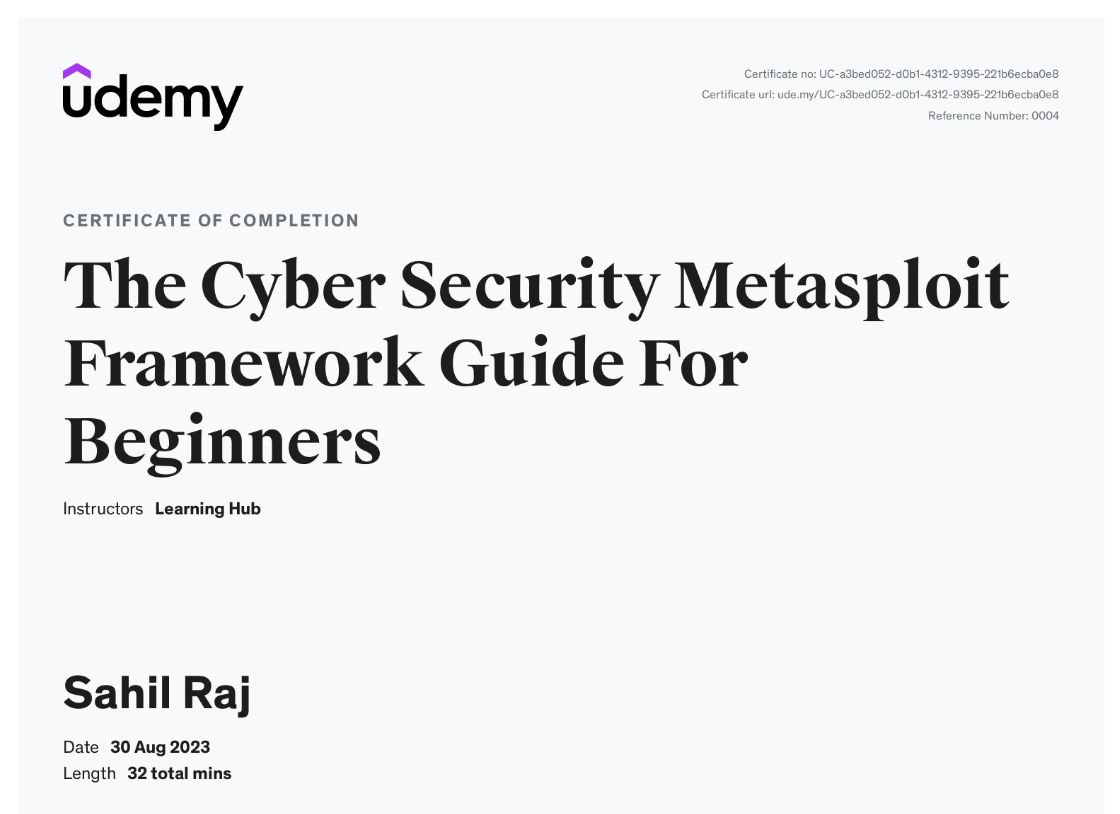 SAHIL RAJ on LinkedIn: #udemy #metasploit #cybersecurity #learning SAHIL RAJ on LinkedIn: #udemy #metasploit #cybersecurity #learning
