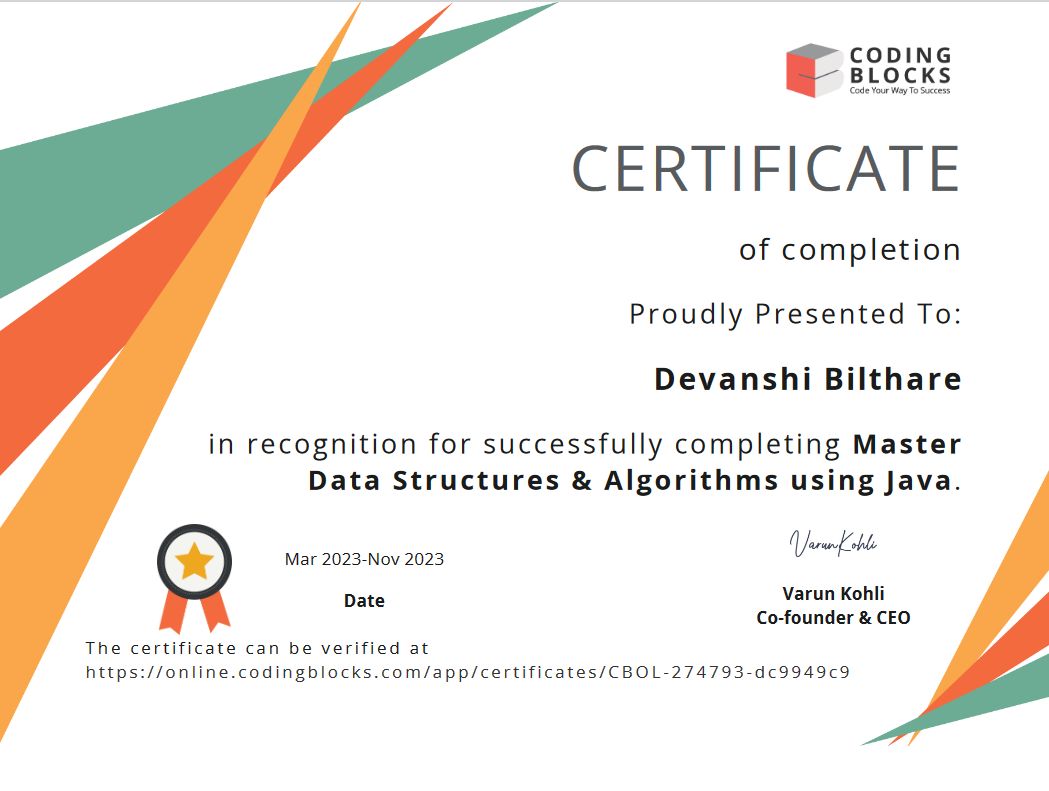 Completed Data Structures and Algorithms course | Devanshi Bilthare ... Completed Data Structures and Algorithms course | Devanshi Bilthare ...
