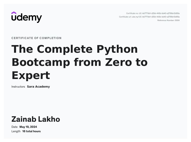 Zainab Lakho on LinkedIn: #python #udemy #bootcamp #datascience # ... Zainab Lakho on LinkedIn: #python #udemy #bootcamp #datascience # ...