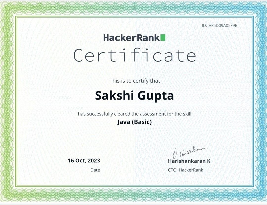 Sakshi Gupta on LinkedIn: #hackerrank #certificate #java Sakshi Gupta on LinkedIn: #hackerrank #certificate #java