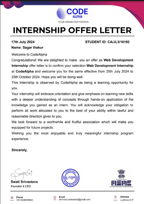 Sagar Singh Thakur on LinkedIn: #internship #webdevelopment #codealpha ... Sagar Singh Thakur on LinkedIn: #internship #webdevelopment #codealpha ...