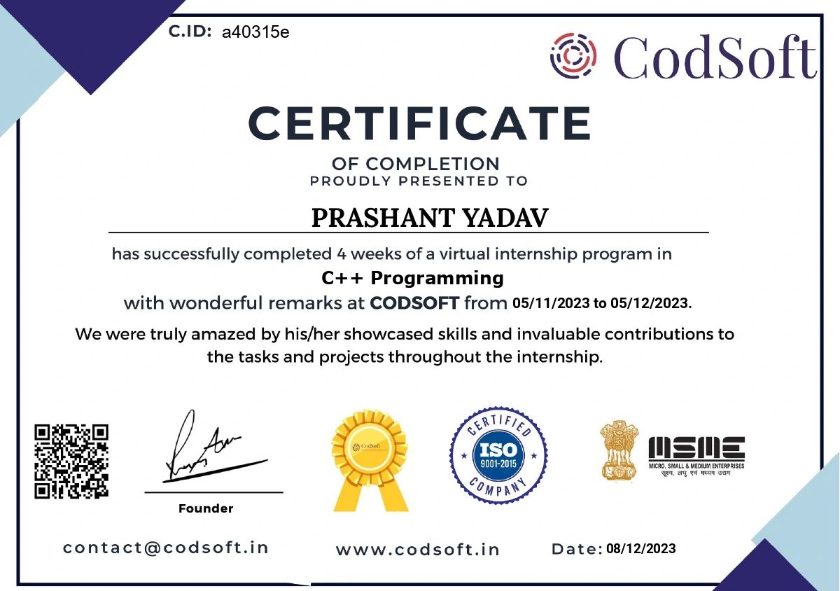 PRASHANT YADAV on LinkedIn: #cplusplus #codsoft #softwaredevelopment PRASHANT YADAV on LinkedIn: #cplusplus #codsoft #softwaredevelopment