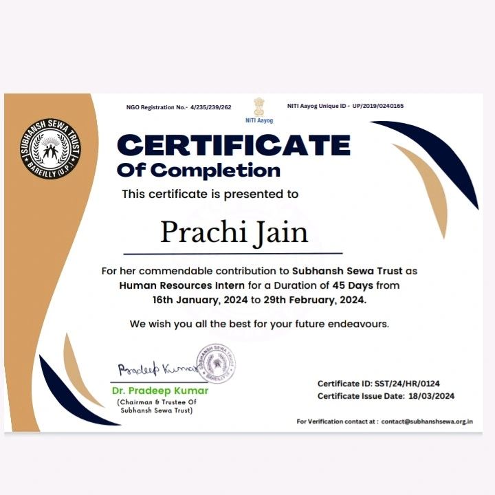 Prachi Jain on LinkedIn: Certificate of completion ⭐ HR internship ... Prachi Jain on LinkedIn: Certificate of completion ⭐ HR internship ...