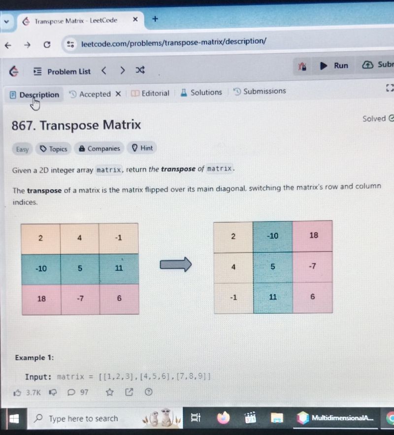 Vivek Kumar Shrivastava on LinkedIn: π Transpose Matrix- LeetCode problemπ Vivek Kumar Shrivastava on LinkedIn: π Transpose Matrix- LeetCode problemπ