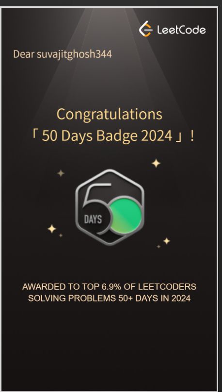 Suvajit Ghosh on LinkedIn: Completing 50 days of LeetCode challenges is ... Suvajit Ghosh on LinkedIn: Completing 50 days of LeetCode challenges is ...