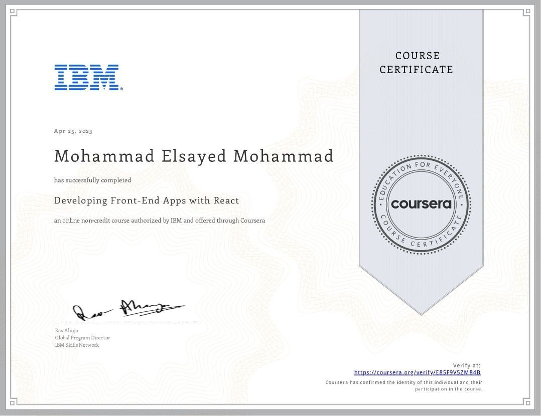 Mohammad Elsayed on LinkedIn: #react #ibm #coursera #frontend Mohammad Elsayed on LinkedIn: #react #ibm #coursera #frontend