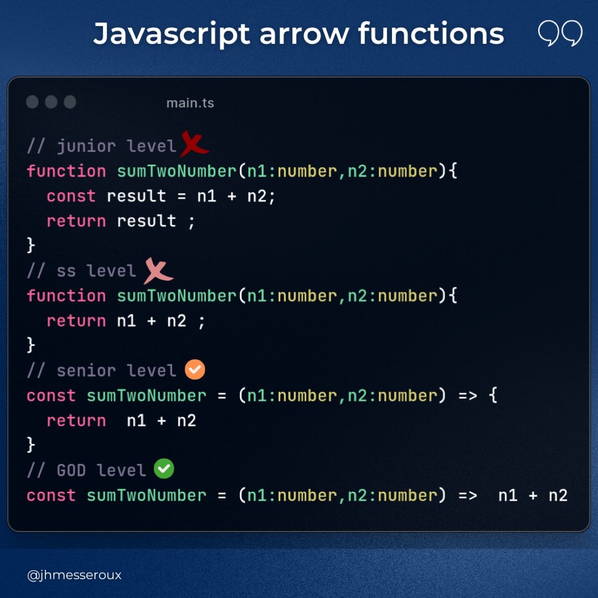 Jean Hilaire Messeroux on LinkedIn: JavaScript/TypeScript arrow ... Jean Hilaire Messeroux on LinkedIn: JavaScript/TypeScript arrow ...