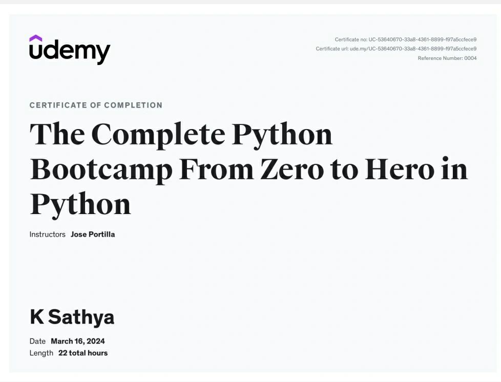Completed a comprehensive Python Bootcamp! ๐๐ป Ready to tackle dynamic ... Completed a comprehensive Python Bootcamp! ๐๐ป Ready to tackle dynamic ...