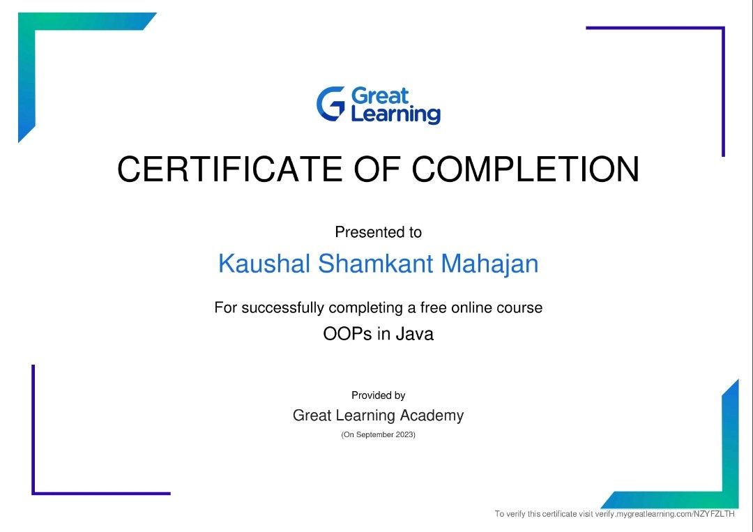 Completed Object-Oriented Programming course | Kaushal Mahajan posted ... Completed Object-Oriented Programming course | Kaushal Mahajan posted ...