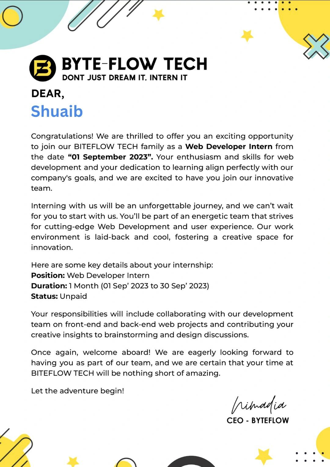 Shuaib Siddiqui on LinkedIn: #internship #byteflow Shuaib Siddiqui on LinkedIn: #internship #byteflow